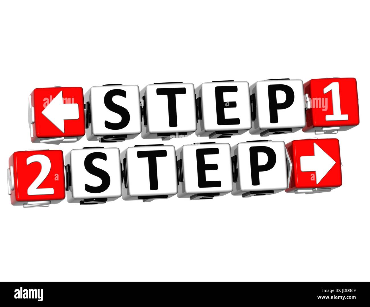 3D Step 1 Step 2 Button Click Here Block Text over white background ...