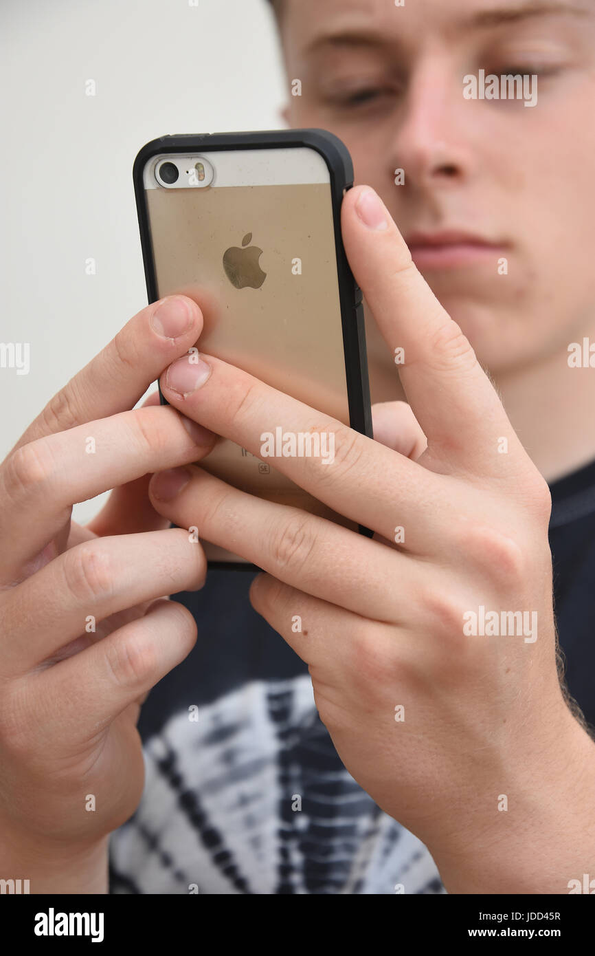 Teenage boy aged 19 years using an Apple iPhone SE mobile phone to read ...