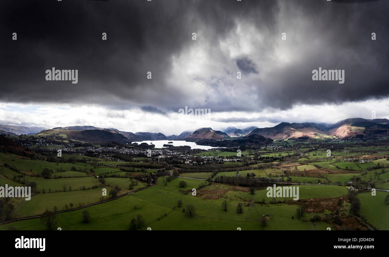 Aerial views over Keswick from Applethwaite, including Derwent Water ...