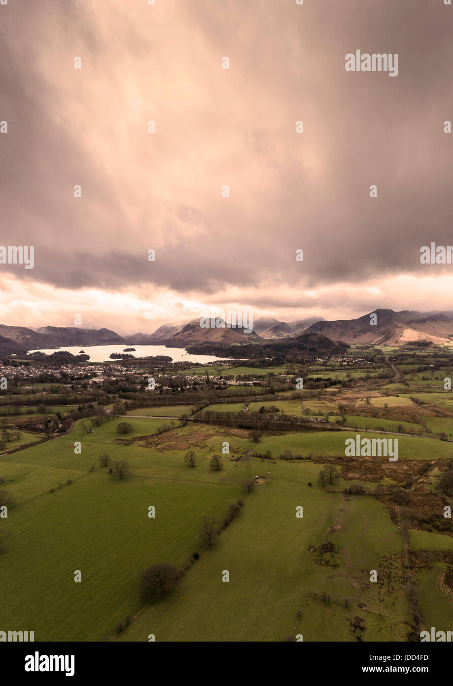 Aerial views over Keswick from Applethwaite, including Derwent Water ...