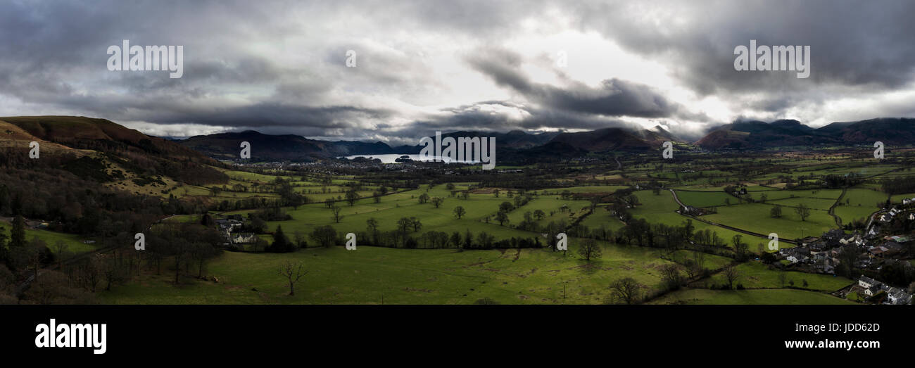 Aerial views over Keswick from Applethwaite, including Derwent Water ...