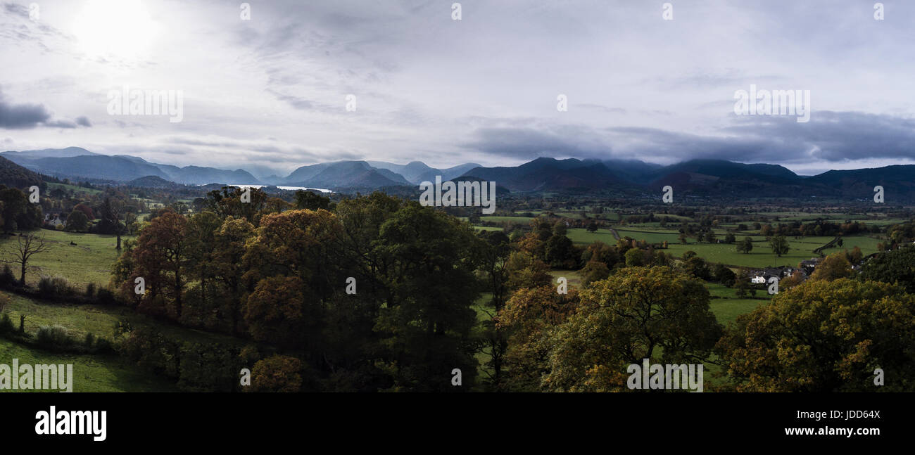 Aerial views over Keswick from Applethwaite, including Derwent Water ...