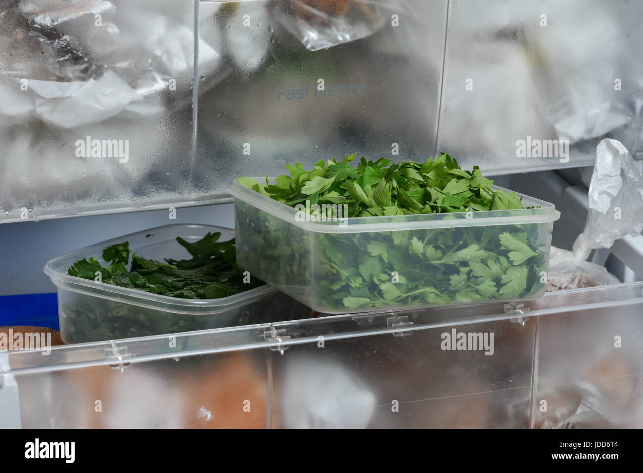 Homemade frozen vegetables in plastic box ready for freezing Stock ...