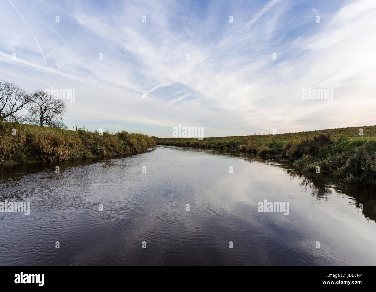 Aerial view of clouds reflected in the River Wyre at Great Eccleston ...