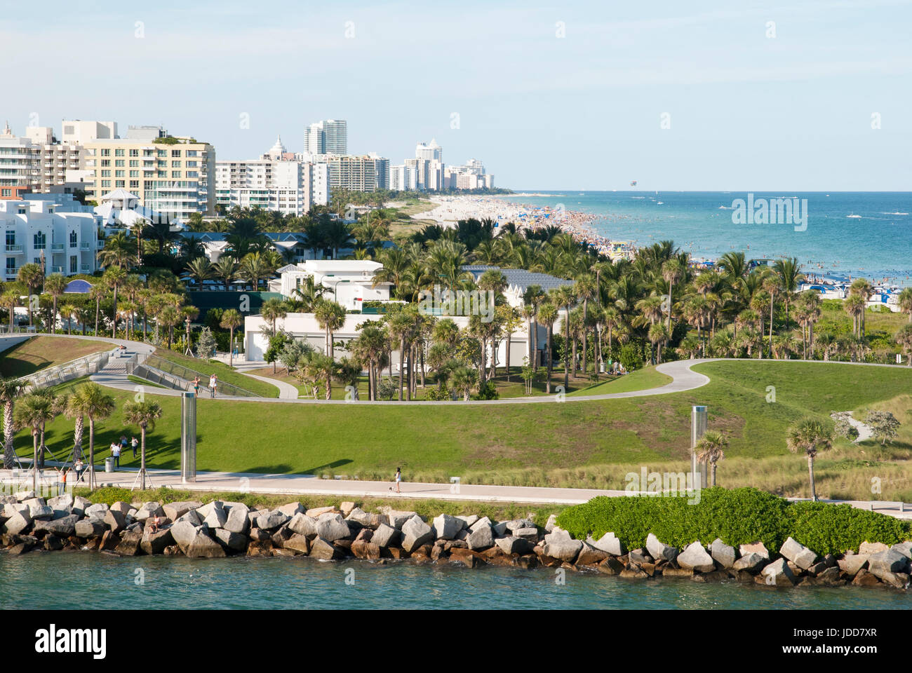 The park of South Pointe Beach in Miami South Beach district (Florida ...