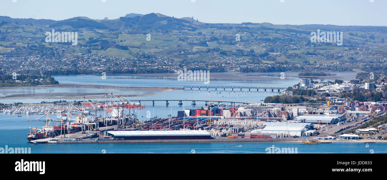 The panoramic view of Tauranga's city port and surrounding area (New ...