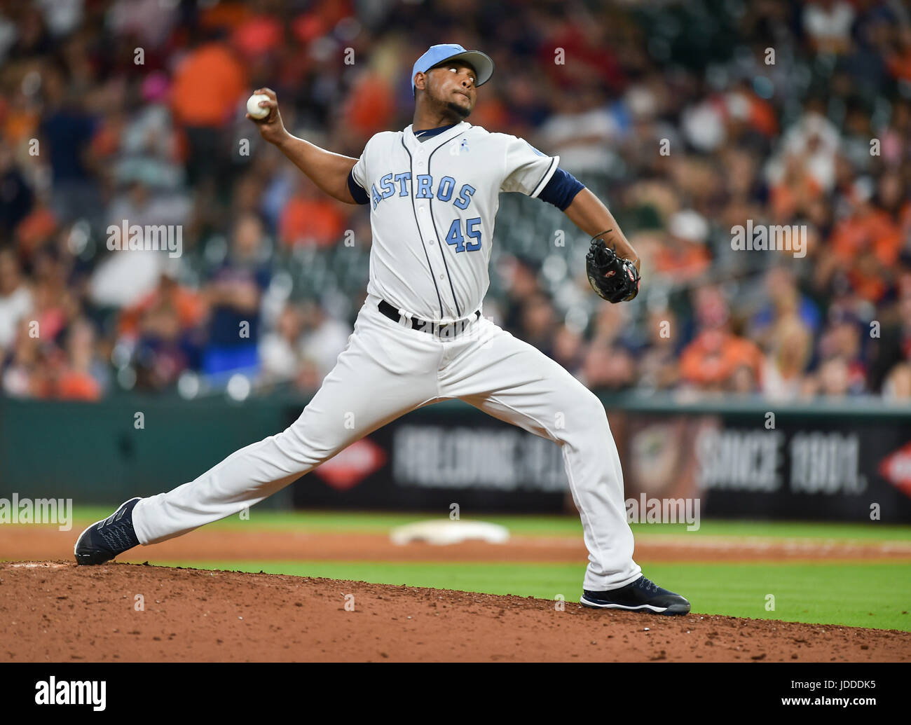 Houston, TX, USA. 18th June, 2017. Houston Astros relief pitcher Michael Feliz (45) during a ...