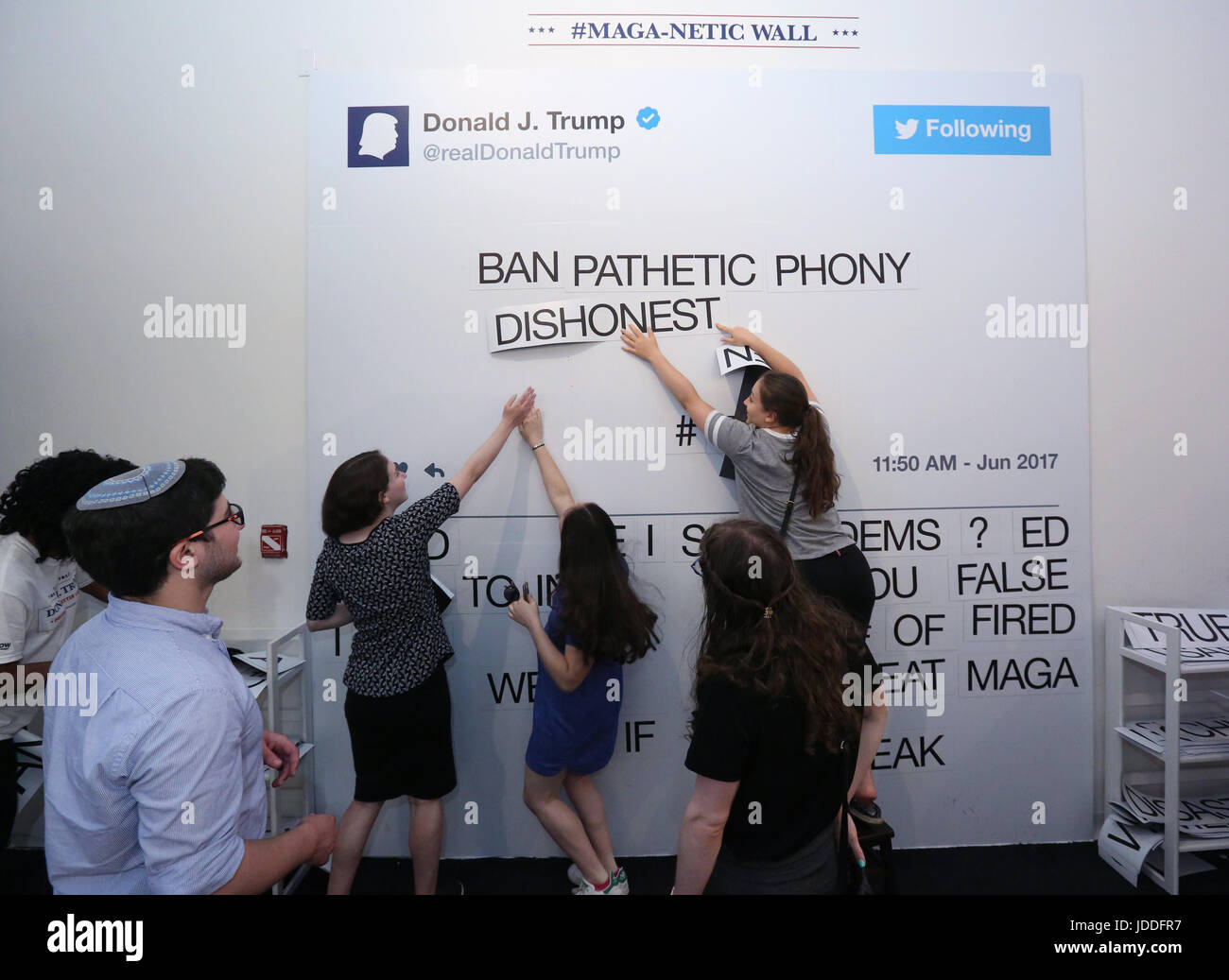 New York, USA. 18th Jun, 2017. Guests interact with the Maga-netic Wall ...