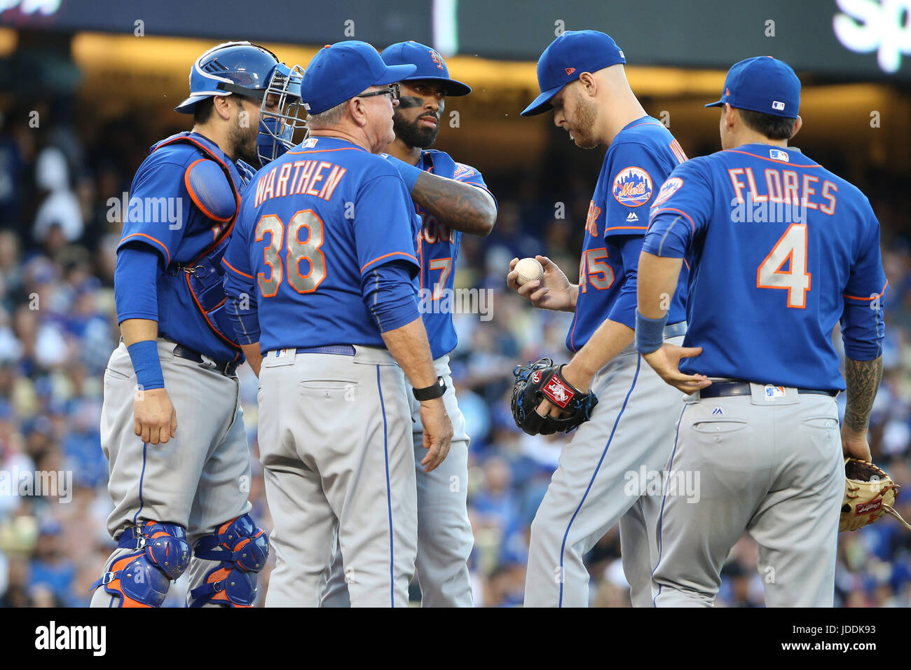 Los Angeles, CA, USA. 19th June, 2017. New York Mets starting pitcher Zack Wheeler #45 talks ...