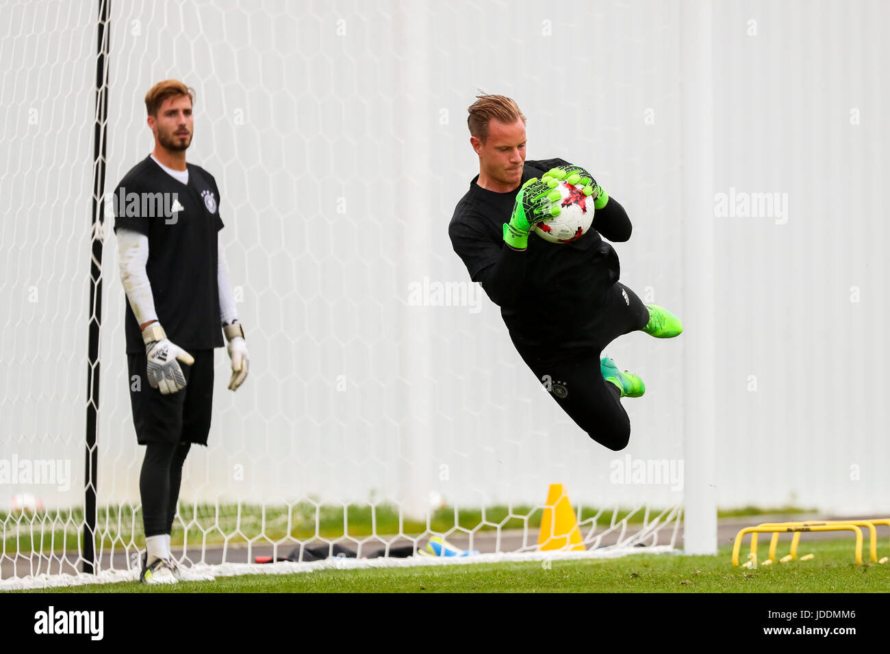 Goalkeeper Marc-André ter Stegen (r) and Kevin Trapp (l) in action ...