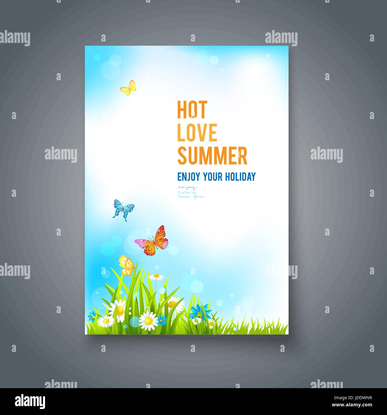 Summer positive card. Bright summer blank with flowers and butterflies ...
