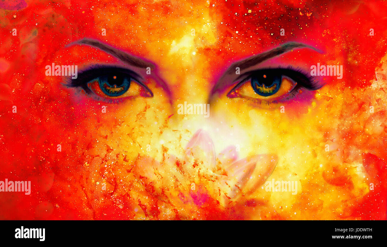 Woman eyes and lotus flower in cosmic background. Eye contact. Fire ...