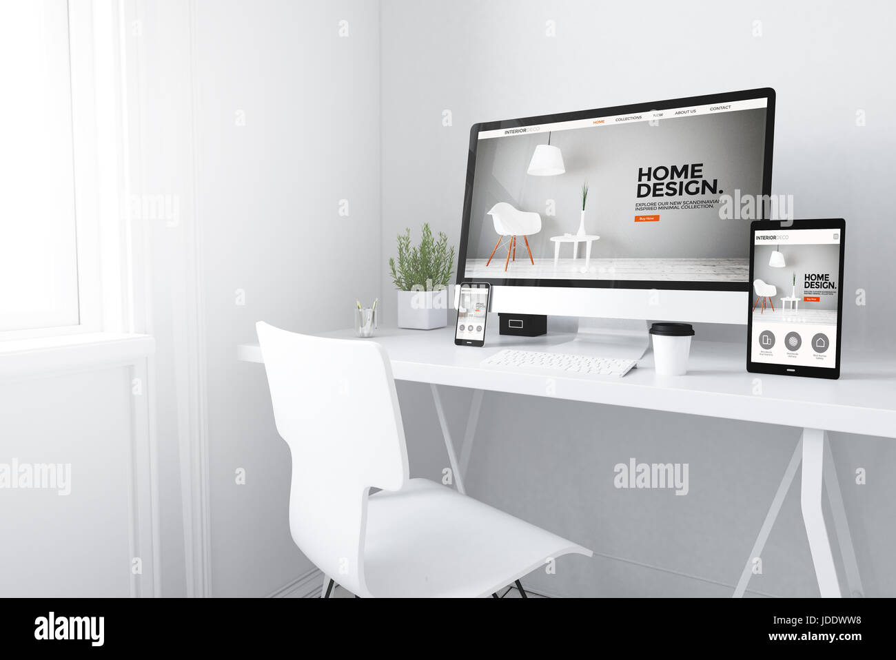 3d rendering of devices on desktop. interior design website home on ...
