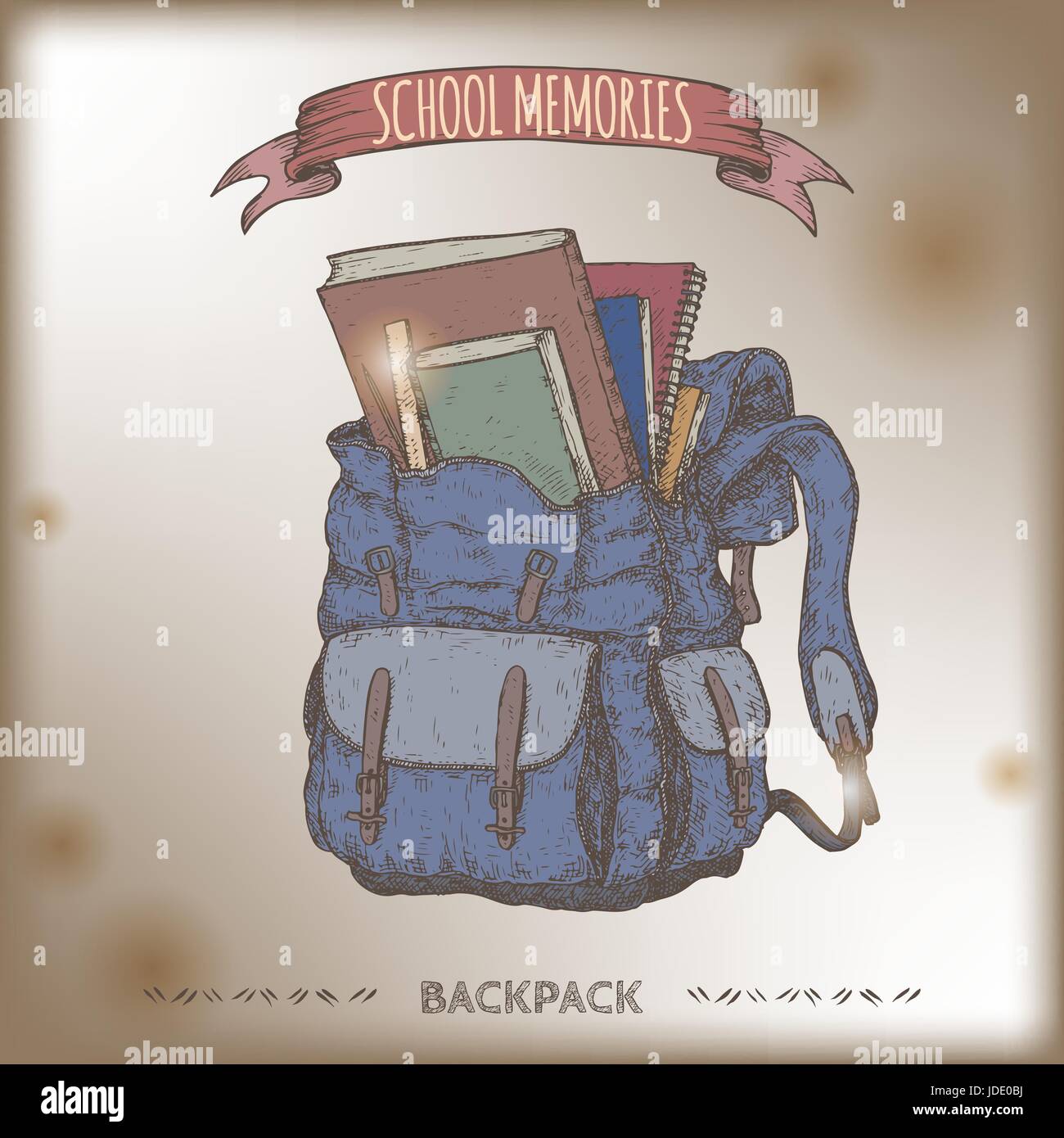 Color vintage student backpack drawn sketch on old paper background ...
