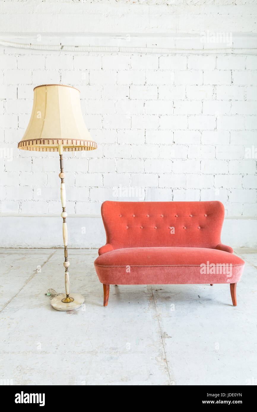 Red sofa couch in vintage room with lamp - classical style Stock Photo ...