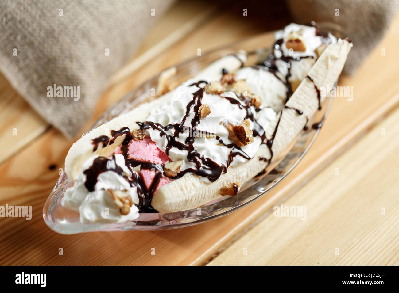 Banana split on wooden hi-res stock photography and images - Alamy