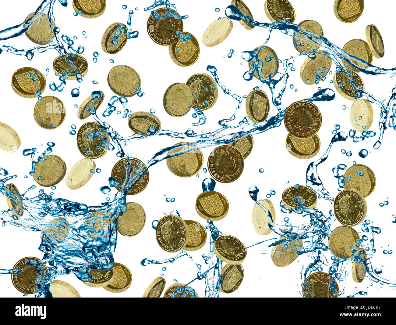 Falling UK Coins isolated on white background against water splash ...