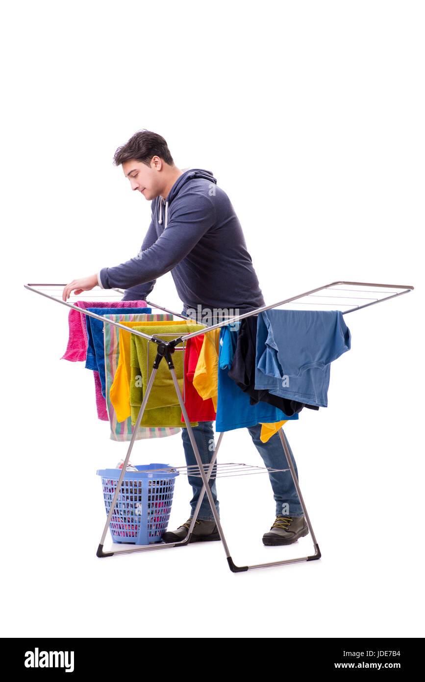 Husband man doing laundry isolated on white Stock Photo - Alamy