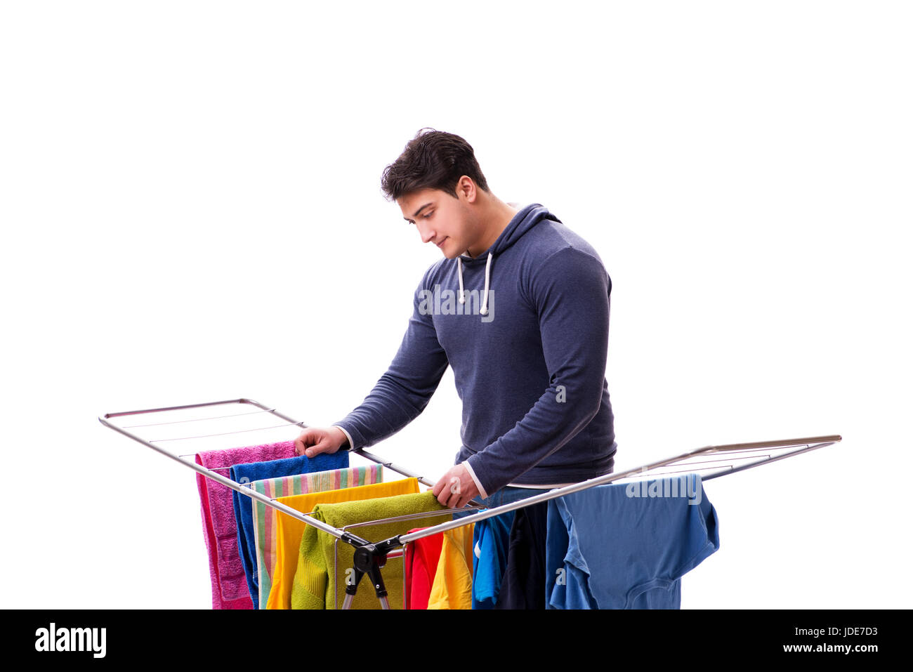 Husband man doing laundry isolated on white Stock Photo - Alamy