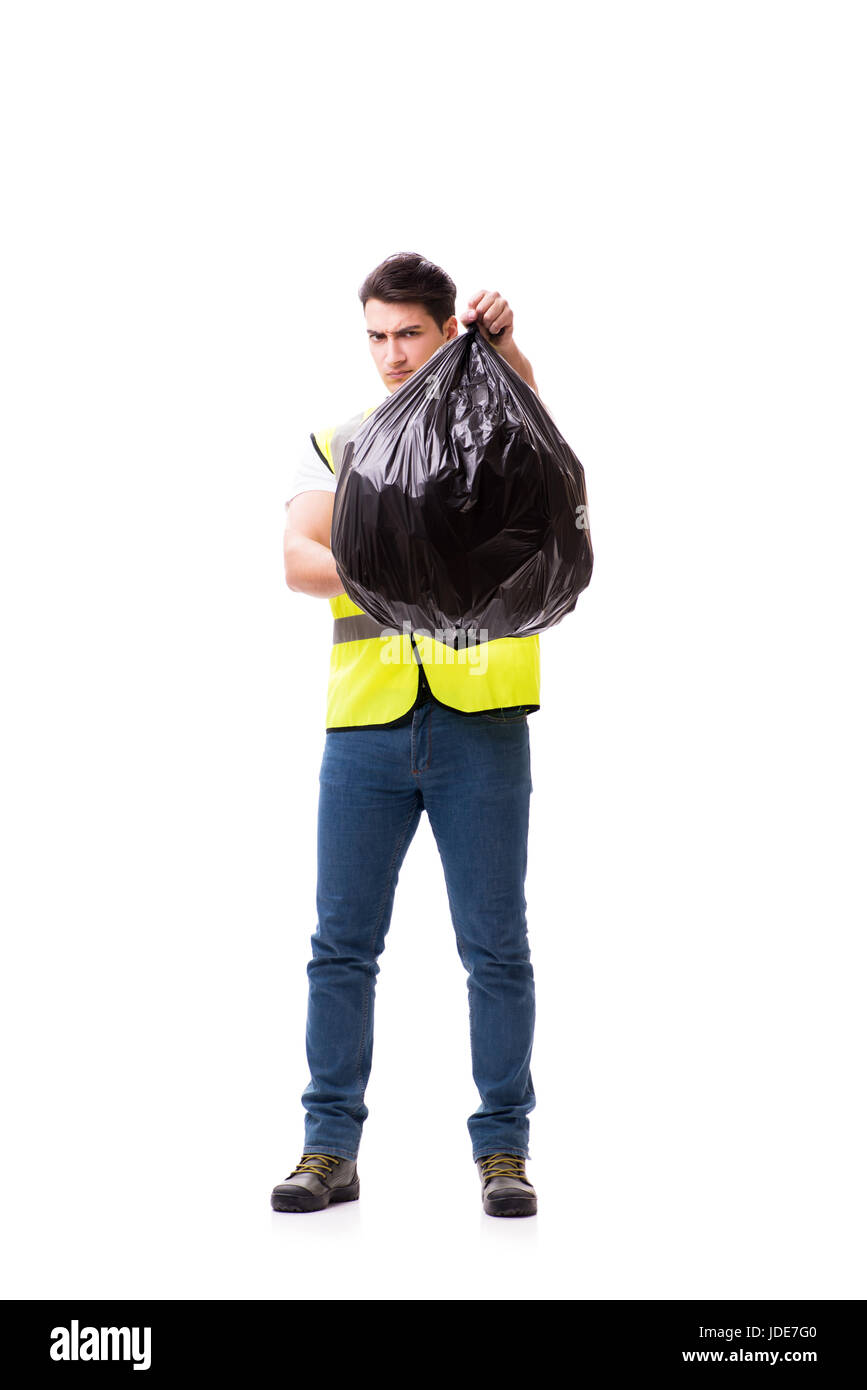 Man with garbage sack isolated on white Stock Photo - Alamy