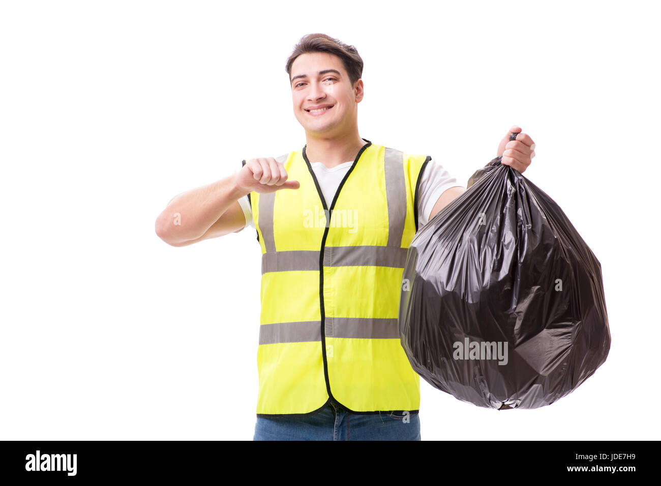 Man with garbage sack isolated on white Stock Photo - Alamy