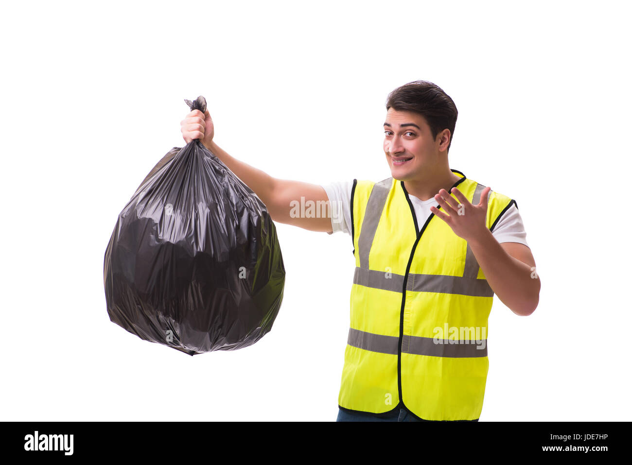 Man with garbage sack isolated on white Stock Photo - Alamy