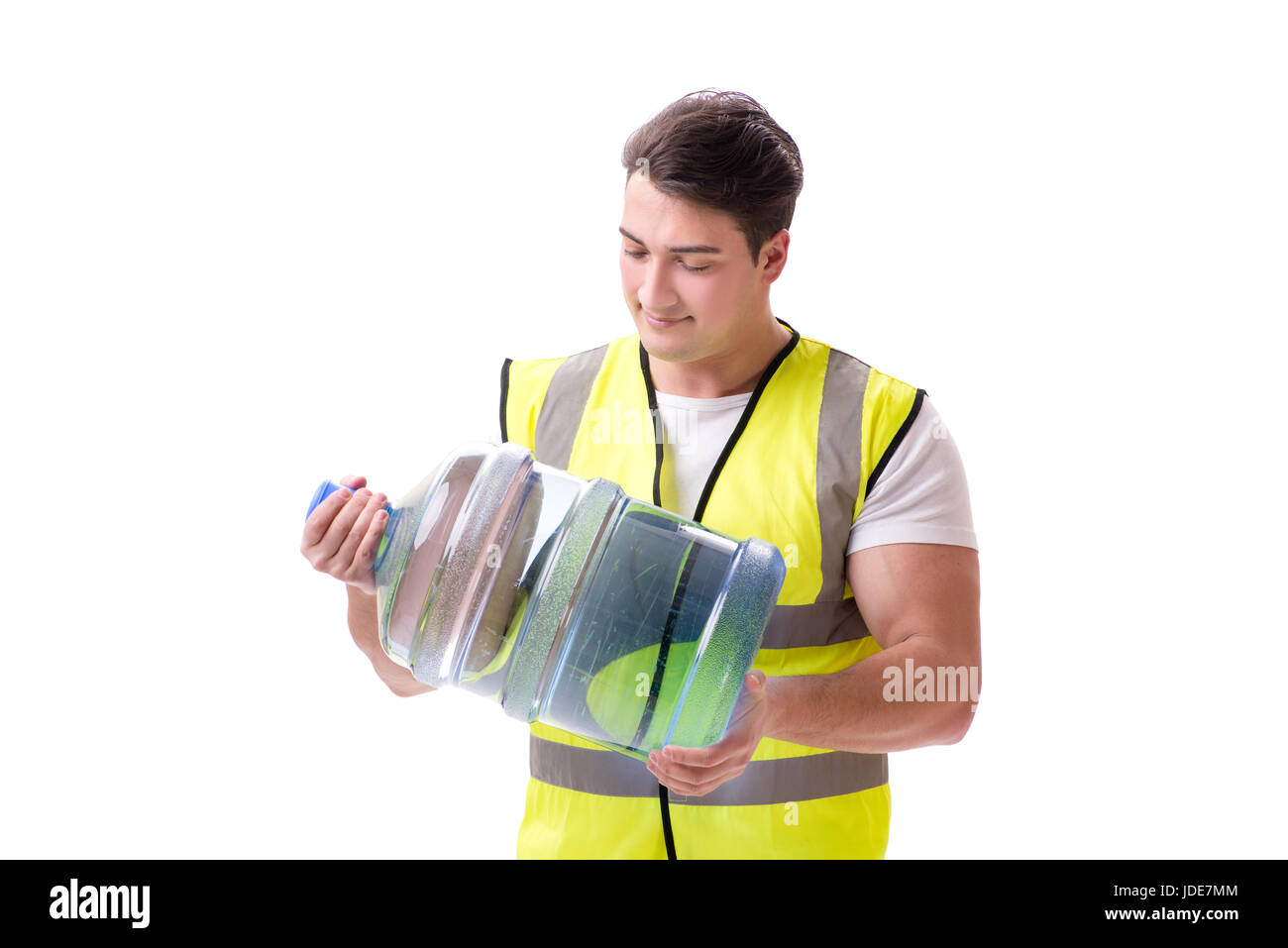 Man delivering water bottle isolated on white Stock Photo - Alamy