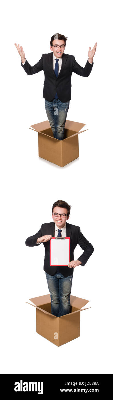 Funny man with boxes isolated on white Stock Photo - Alamy