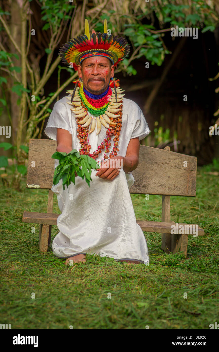 LAGO AGRIO, ECUADOR - NOVEMBER 17, 2016: Siona shaman in traditional ...