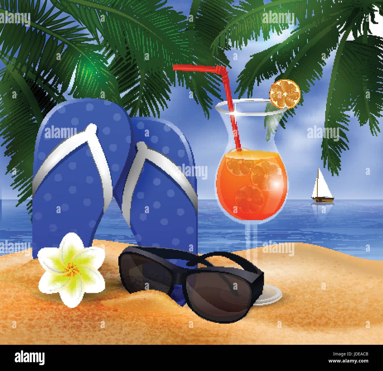 Exotic cocktail on a beach background with flip-flops vector Stock ...
