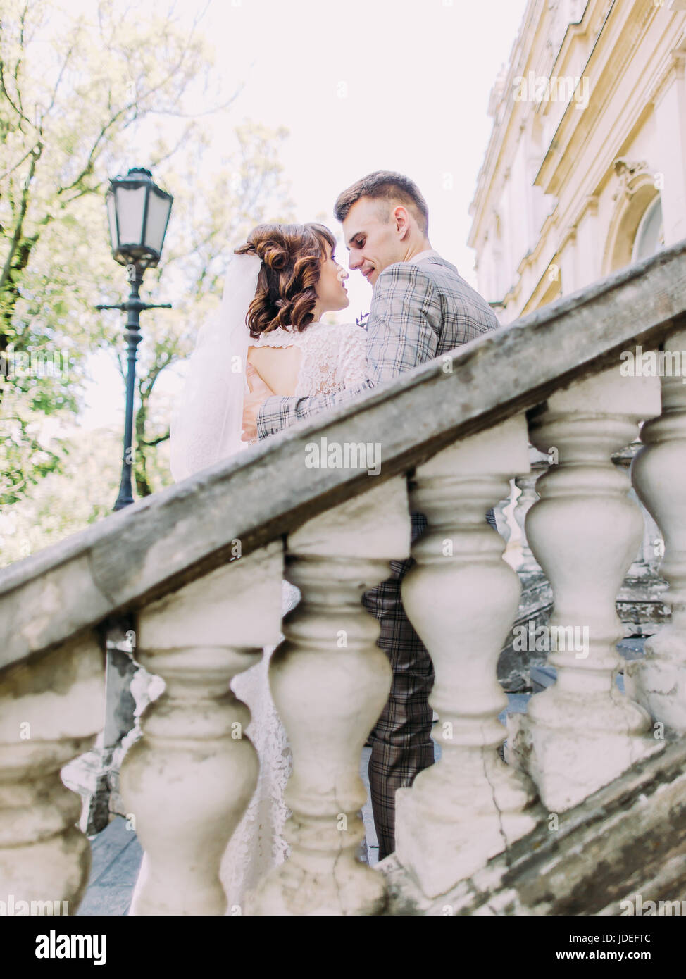 The romantic back portrait of the hugging newlyweds behind the old ...