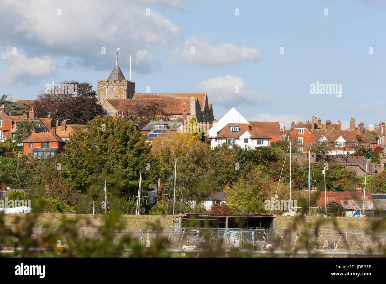 View of Rye town, East Sussex medieval church spire tower houses from ...