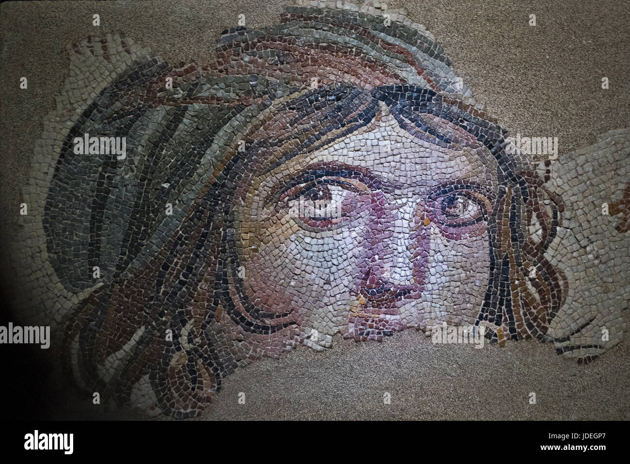 Mosaic head of the Gipsy girl at the Zeugma Mosaic Museum, of Gaziantep ...