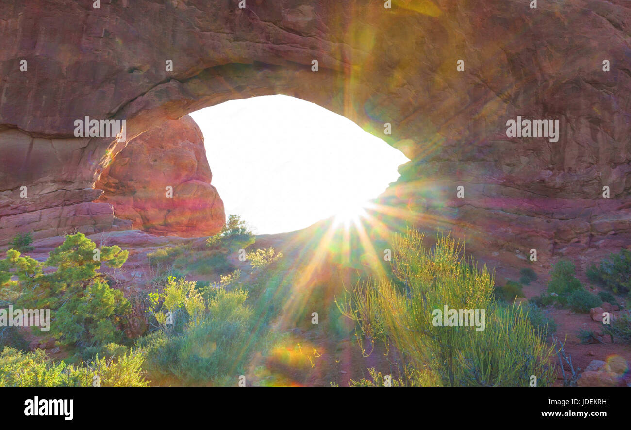 Sunrise at North Window arch, Arches National Park Stock Photo - Alamy