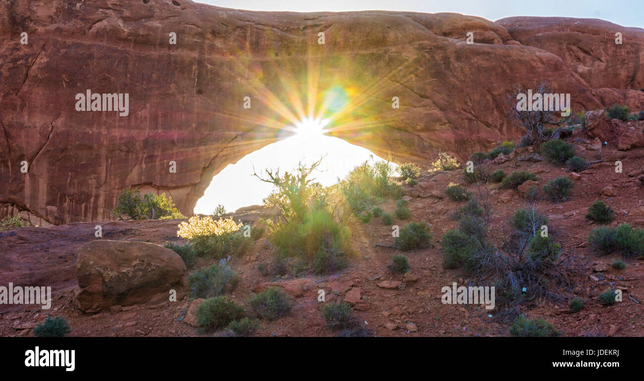 Sunrise at North Window arch, Arches National Park Stock Photo - Alamy