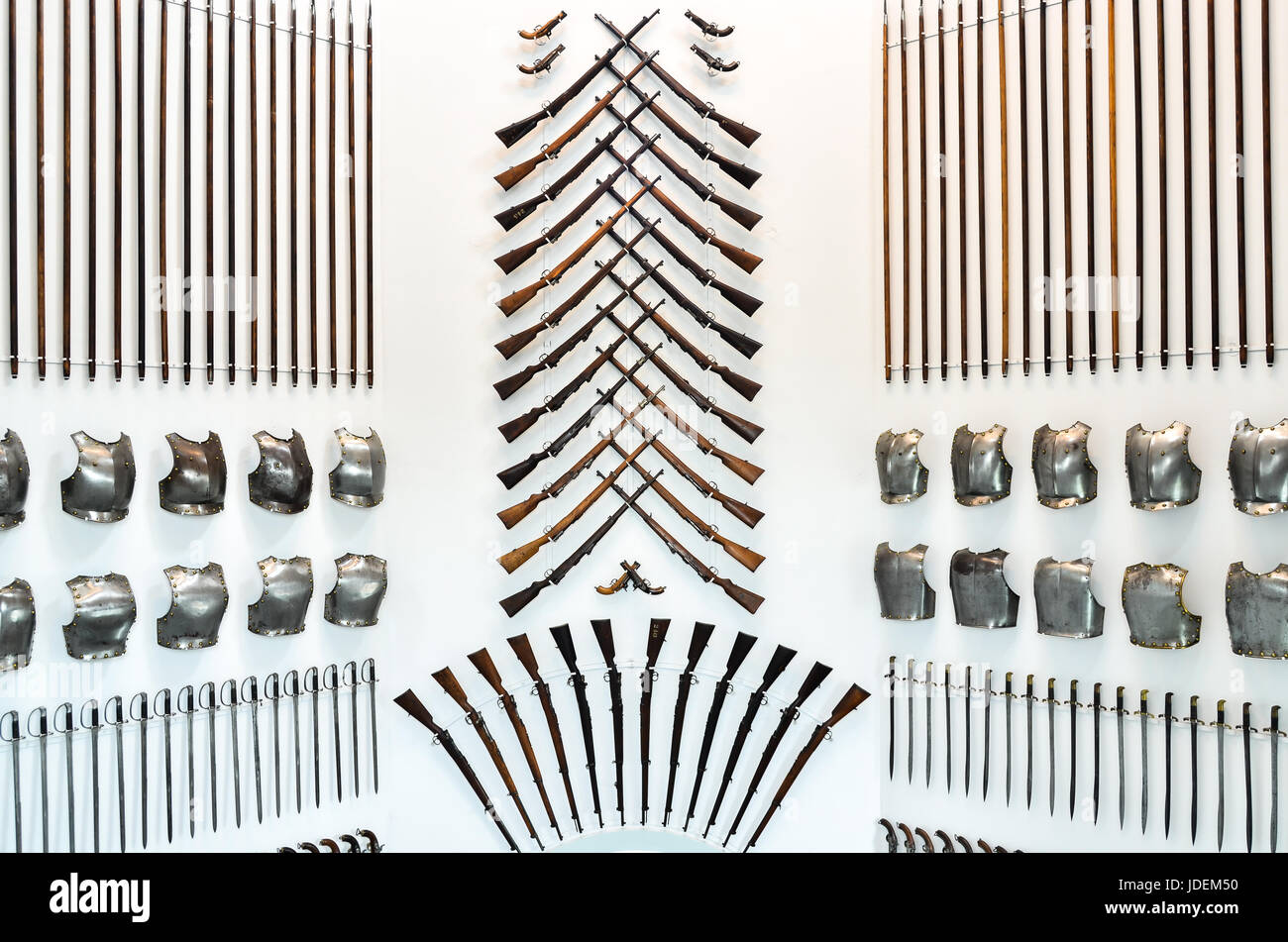 Wall decorated with royal armour inside museum Royal Armouries in Leeds ...