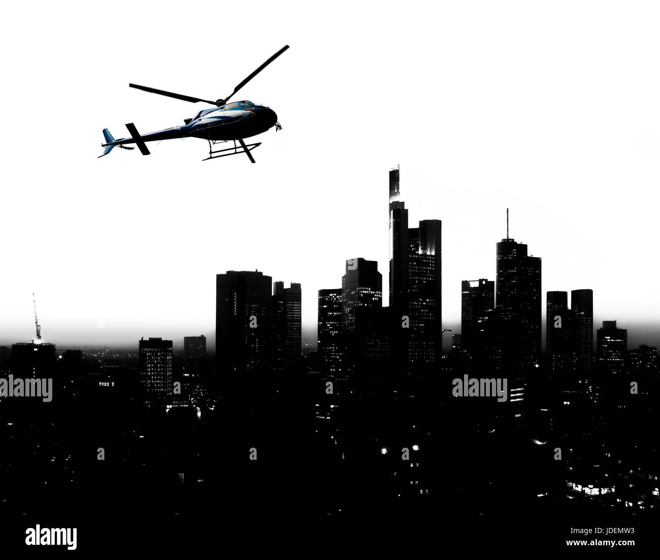helicopter and city skyline silhouette in abstract high contrast image ...