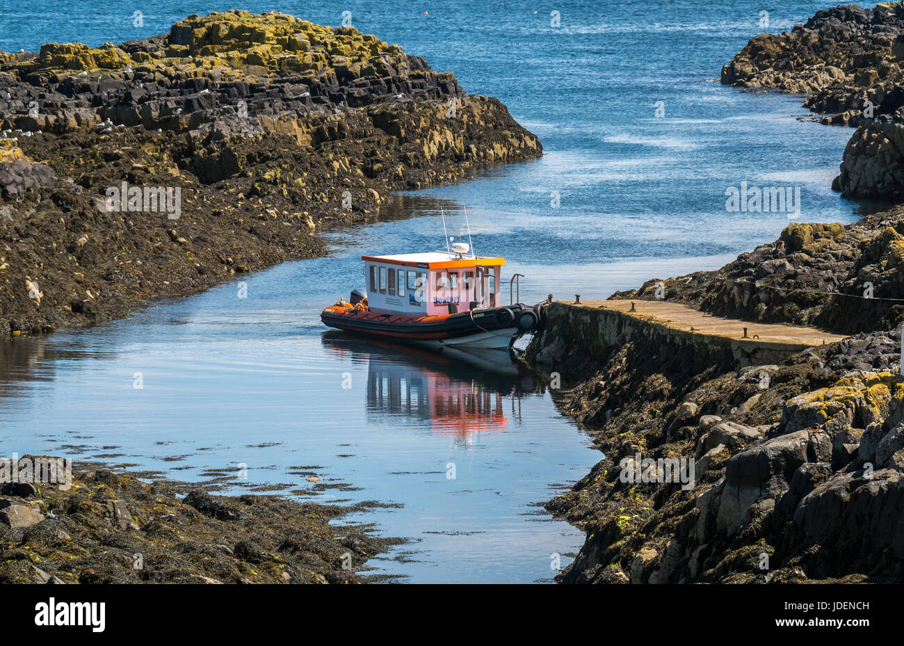 Seafari rigid inflatable boat moored in rocky inlet, Isle of May, Firth ...