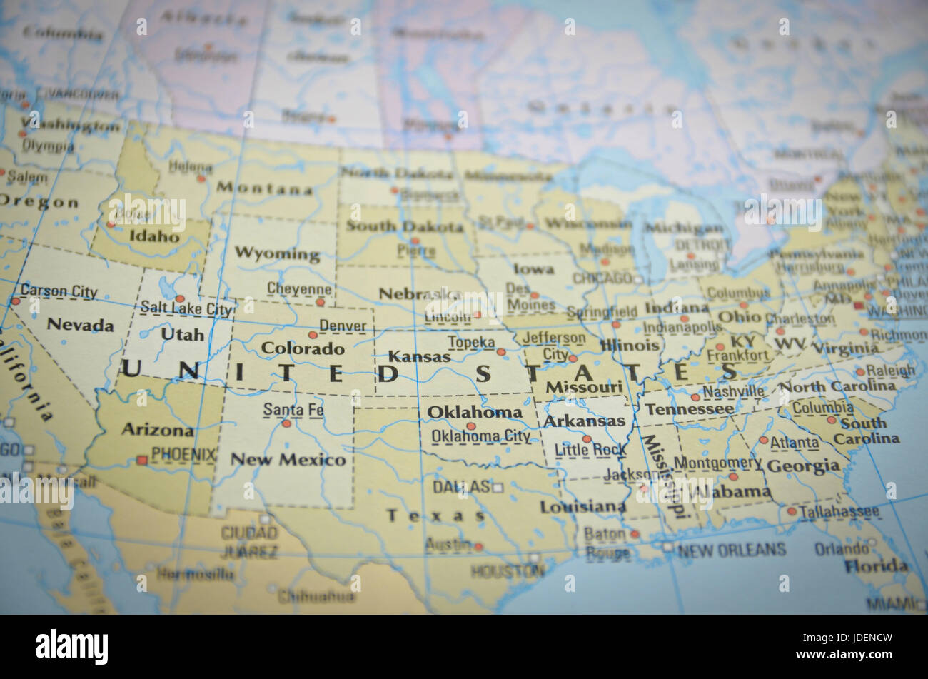 United States in close up on the map. Focus on the name of country ...