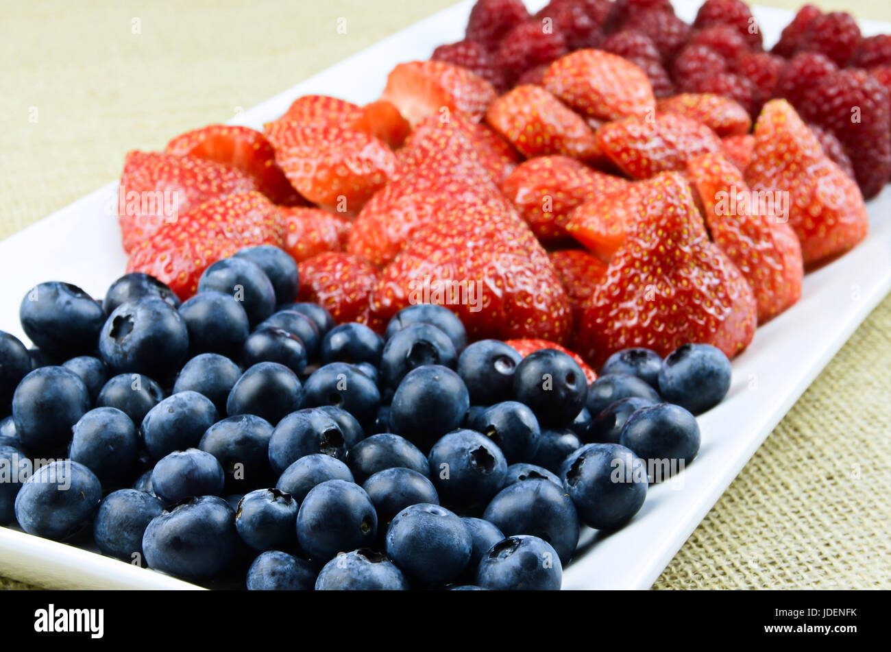 Strawberry, raspberry, blueberry fruits on white plate Stock Photo - Alamy