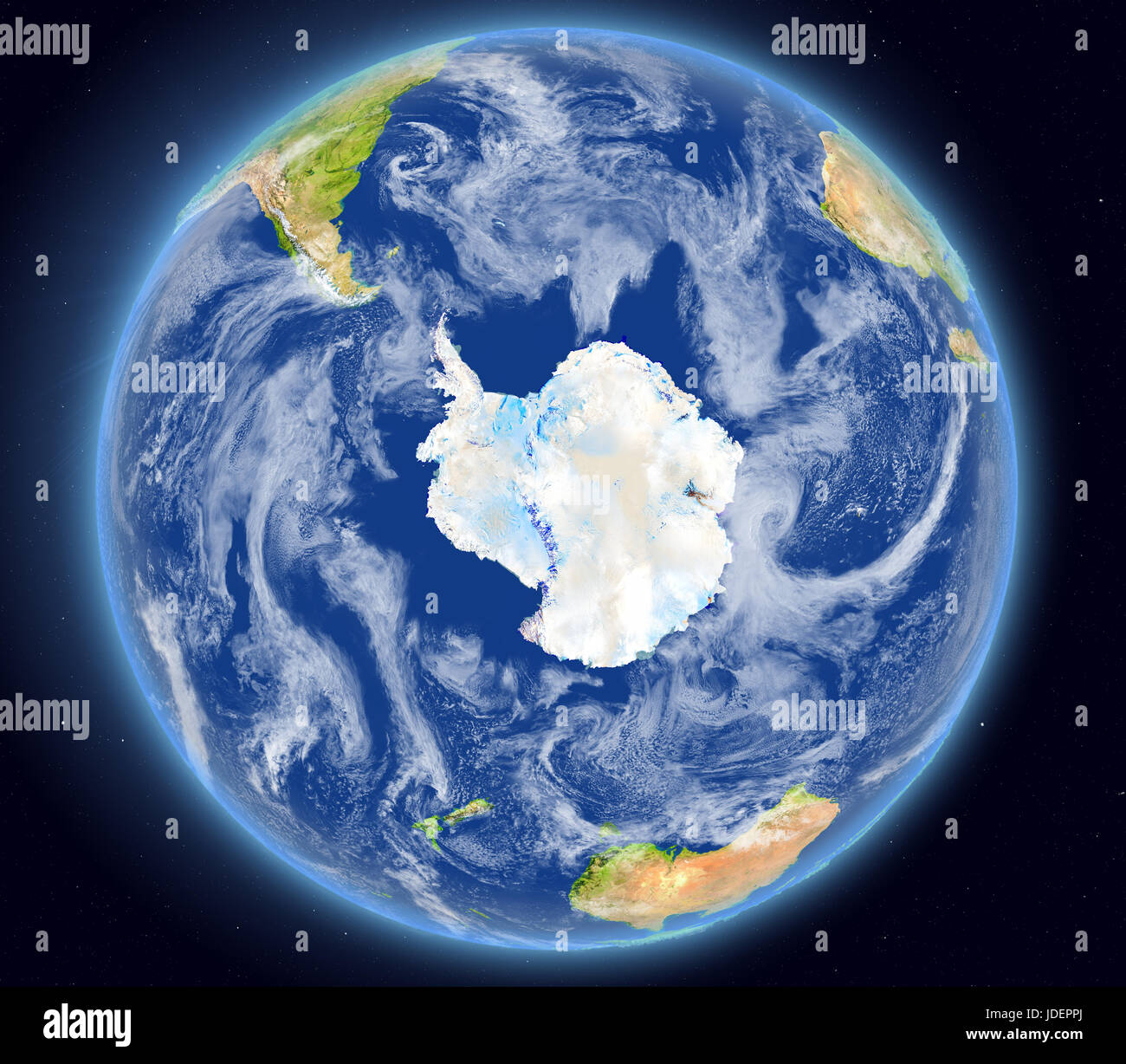 Southern Ocean on planet Earth as seen from space. 3D illustration with ...