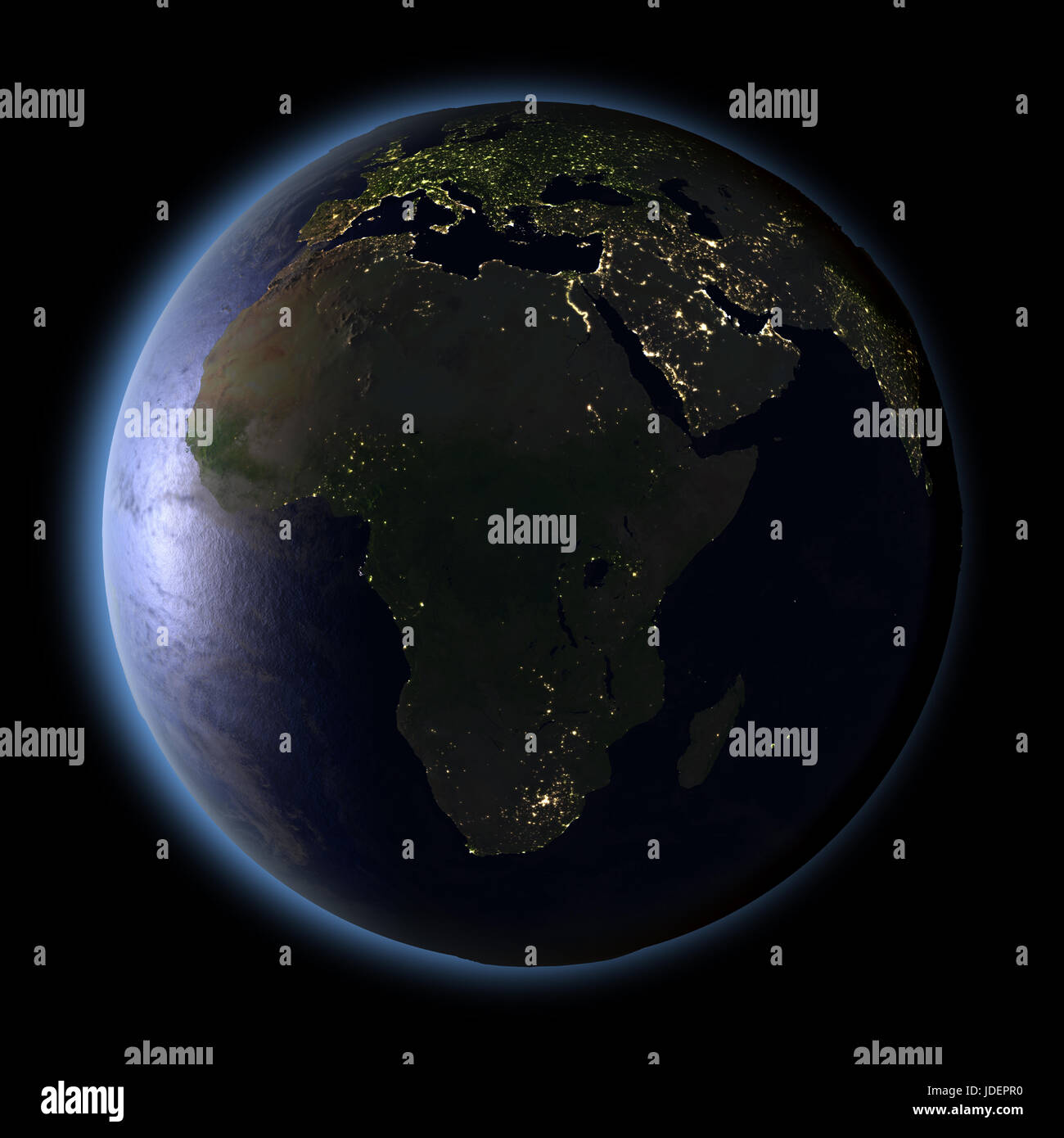 Planet Earth facing Africa at night. 3D illustration with detailed ...