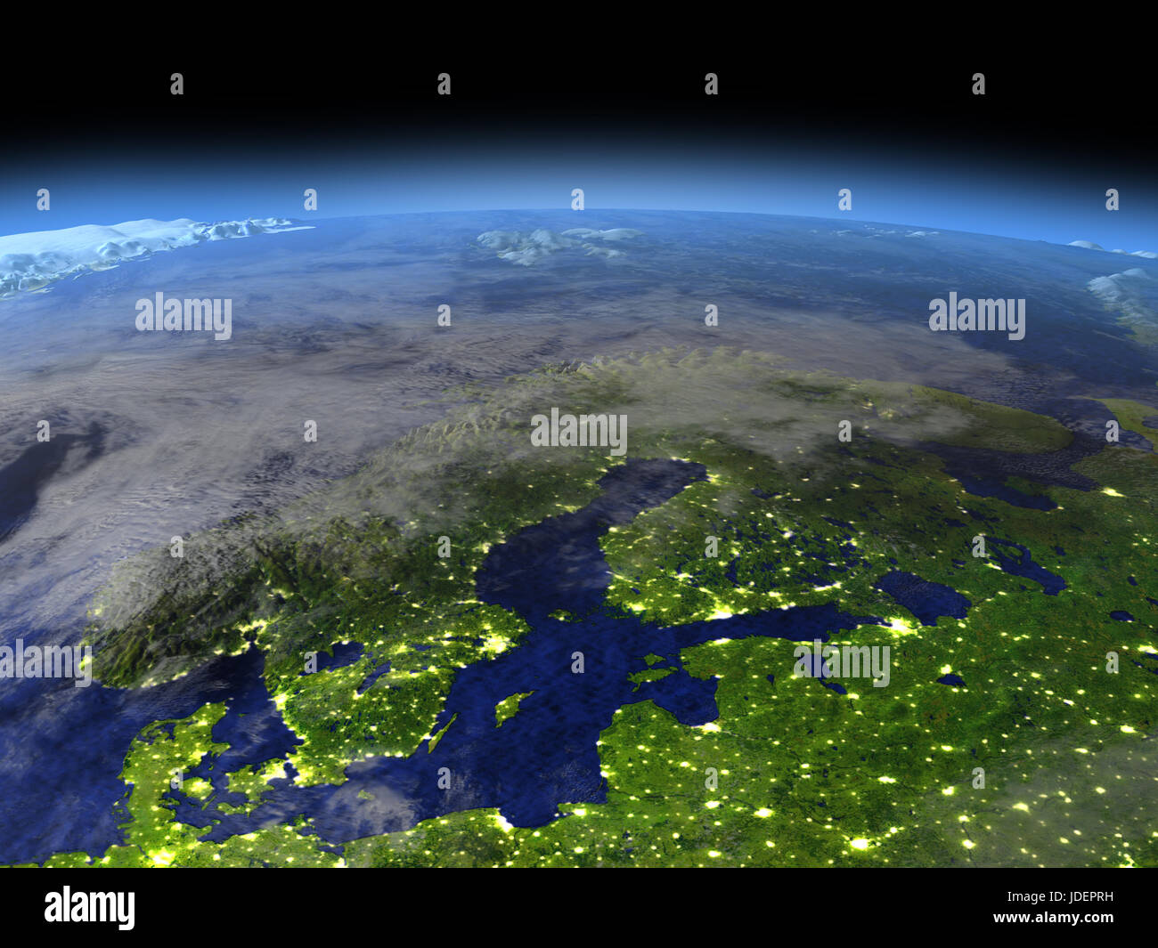 Scandinavian Peninsula from space in the evening sunlight with visible ...