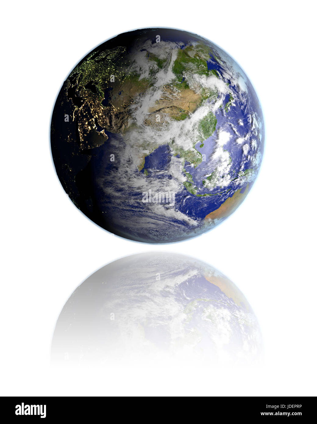 Realistic globe hovering above white reflective surface facing Asia. 3D ...