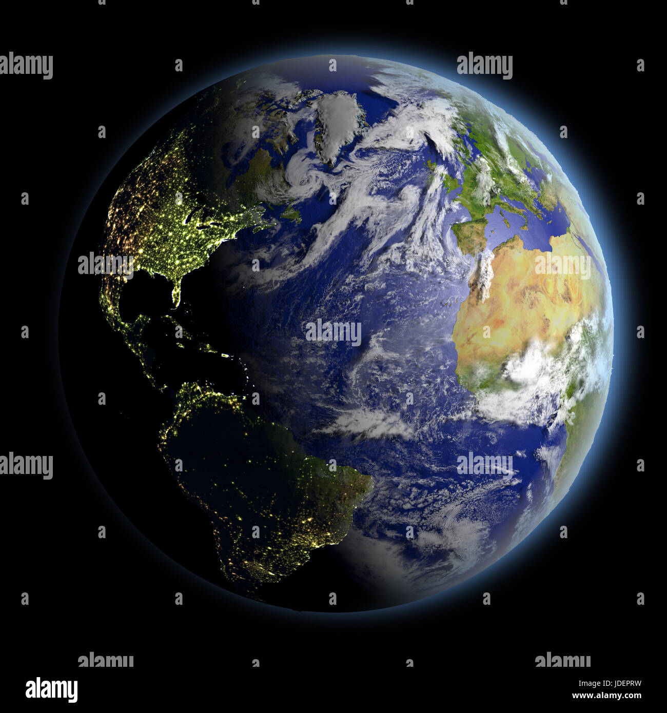 Planet Earth facing Northern Hemisphere illuminated by morning sunlight ...