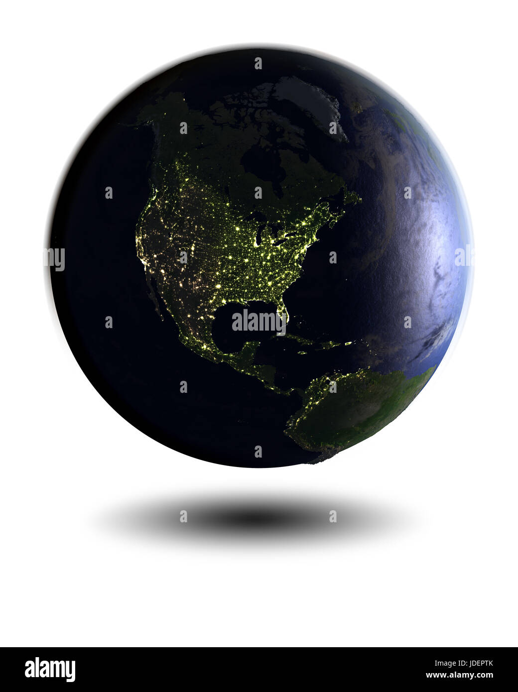 Model of Earth at night facing North America hovering above white ...