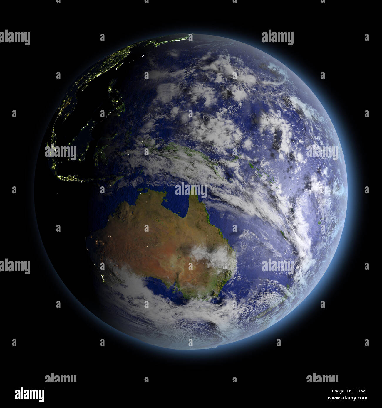 Planet Earth facing Australia illuminated by morning sunlight. 3D ...