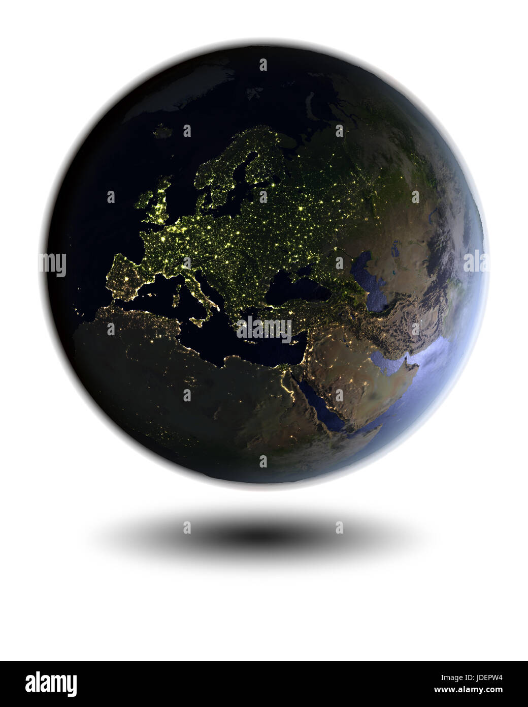 Model of Earth at night facing Europe hovering above white surface. 3D ...