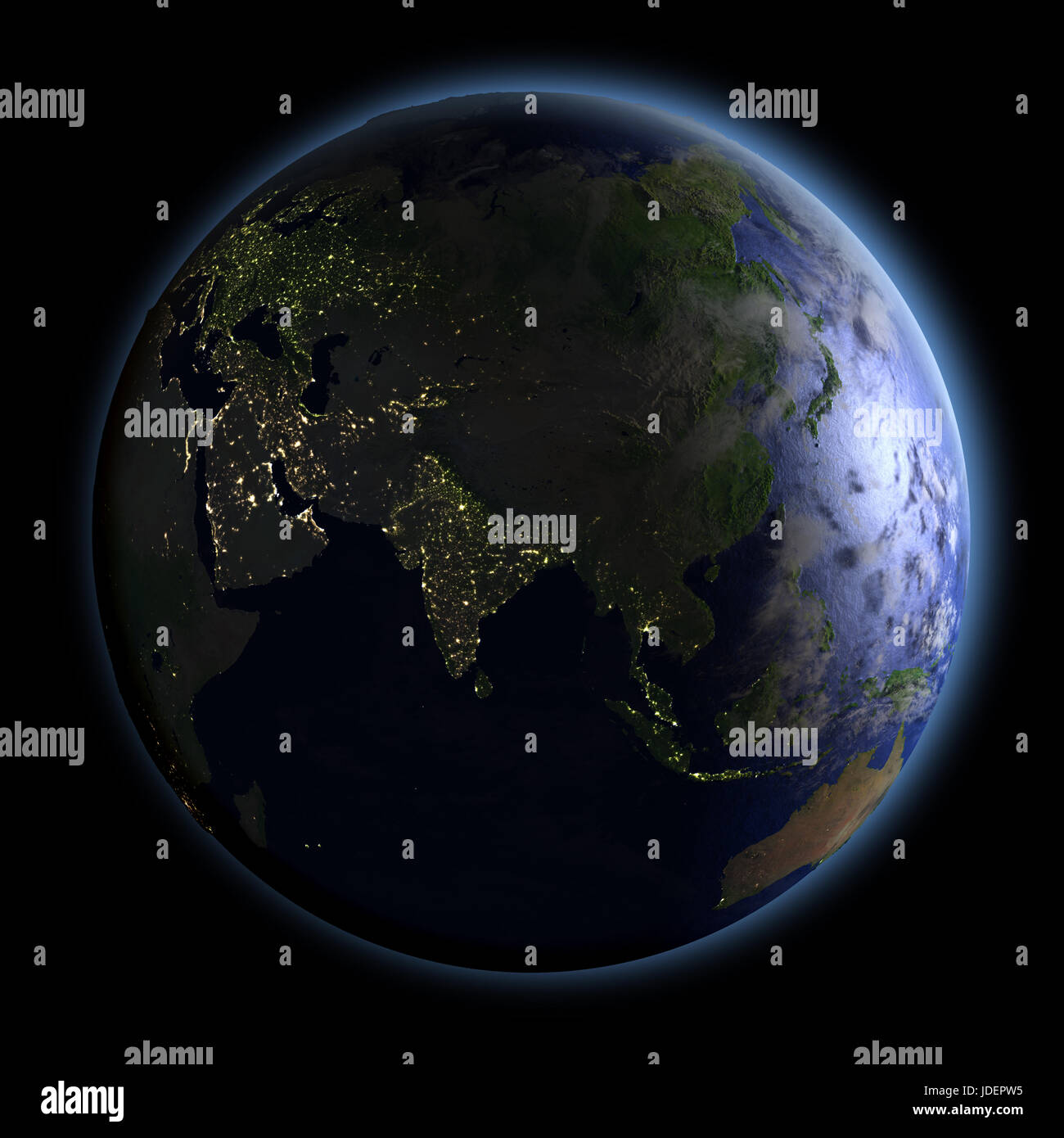 Planet Earth facing Asia at night. 3D illustration with detailed planet ...