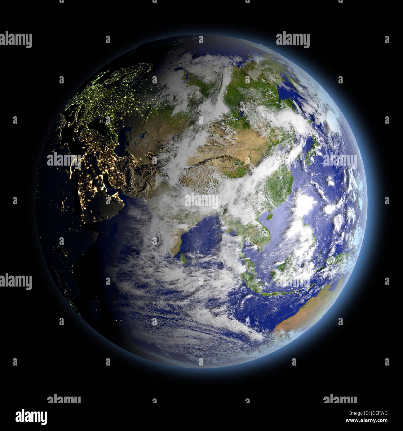 Planet Earth facing Asia illuminated by morning sunlight. 3D ...